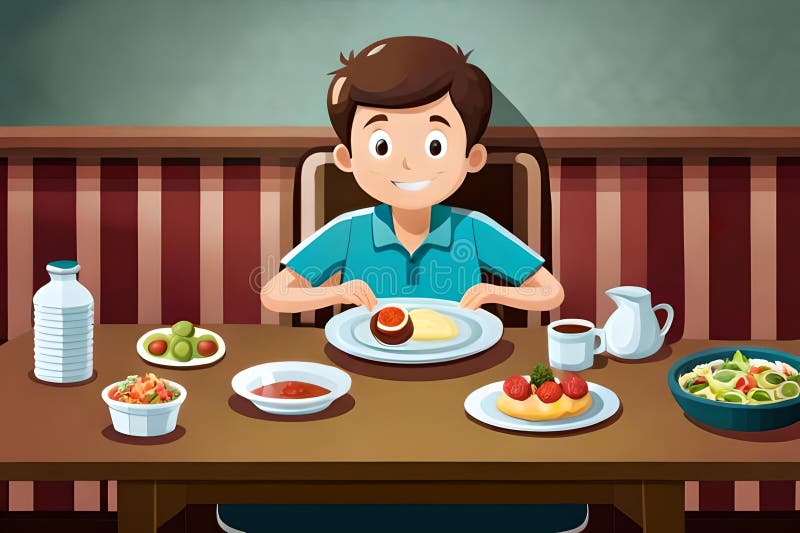 A Boy Sitting in a Dining Table with Different Plates of Food Placed in ...