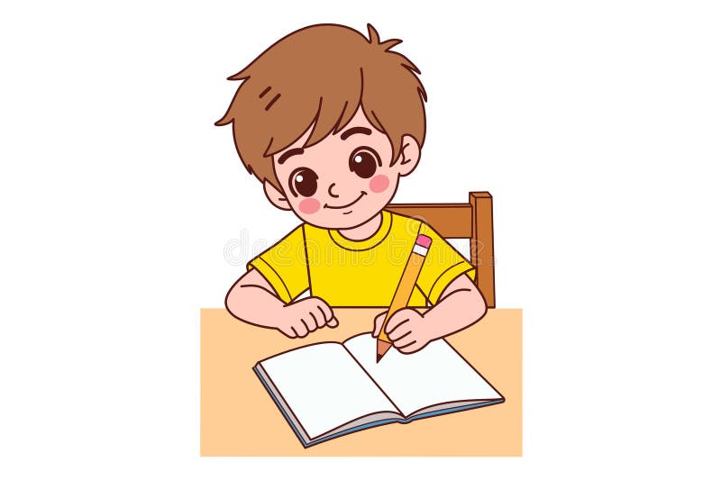 A Boy is Sitting and Doing His Homework. Flat Vector Style Characters ...