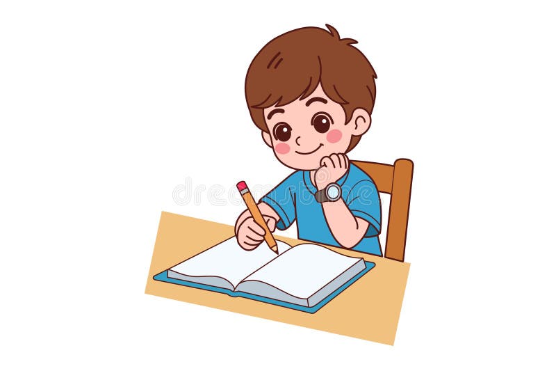 A Boy is Sitting and Doing His Homework. Flat Vector Style Characters ...