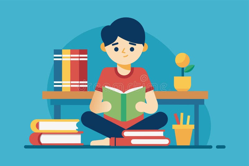 A Boy Sitting on the Floor Engrossed in Reading a Book, Time To Study ...