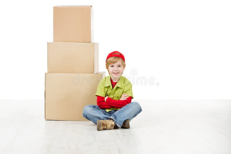 Boy Sitting in Front of Carton Boxes Stock Image - Image of caucasian ...