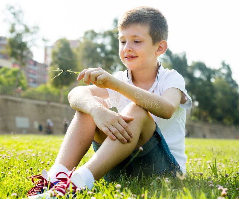 Boy sitting grass stock photo. Image of child, outdoors - 86138224