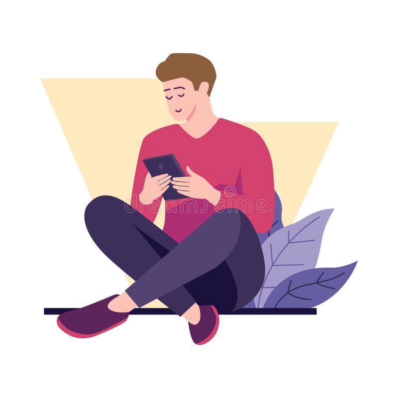 Boy Sitting on the Ground Scrolling through Social Media Stock ...