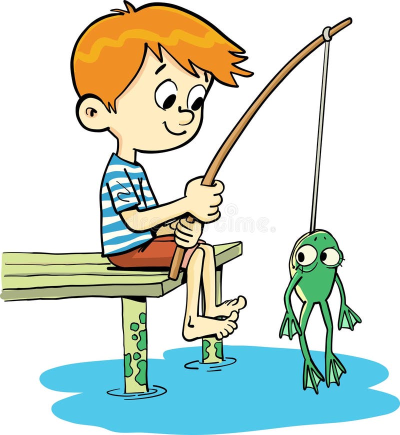 Boy is Sitting on the Pier and Has Caught a Frog Stock Illustration ...