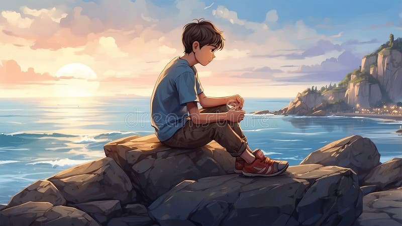 A Boy is Sitting on a Rock at Dusk by the Sea Stock Illustration ...
