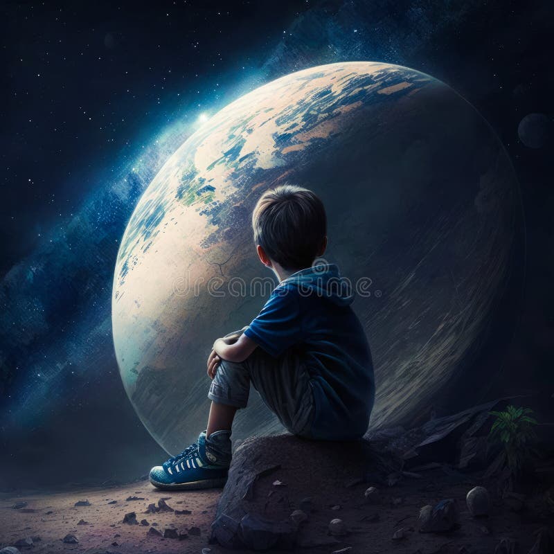 Boy Sitting on Rock Looking at the Earth. Generative AI Stock ...