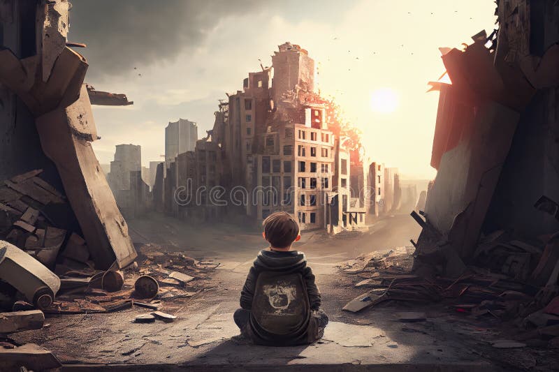 Boy Sitting on the Ruins of a Destroyed Building and Looking at the Sun ...