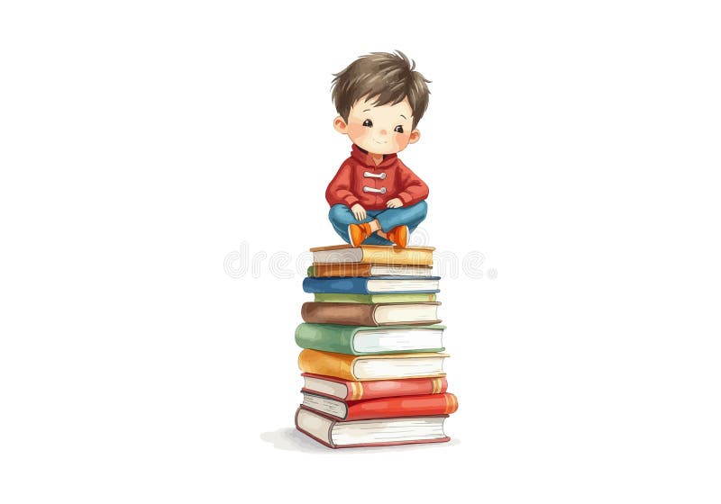 Boy Sitting in a Stack of Books Watercolor Vector Illustration. Stock ...