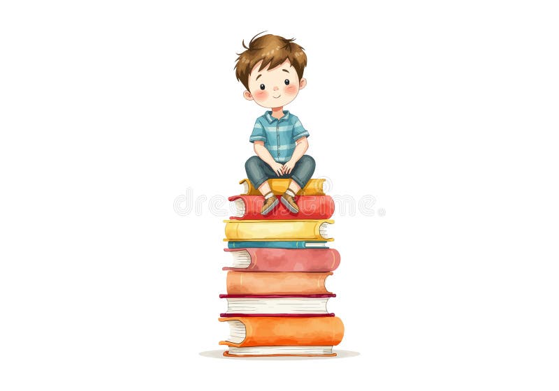 Boy Sitting in a Stack of Books Watercolor Vector Illustration. Stock ...