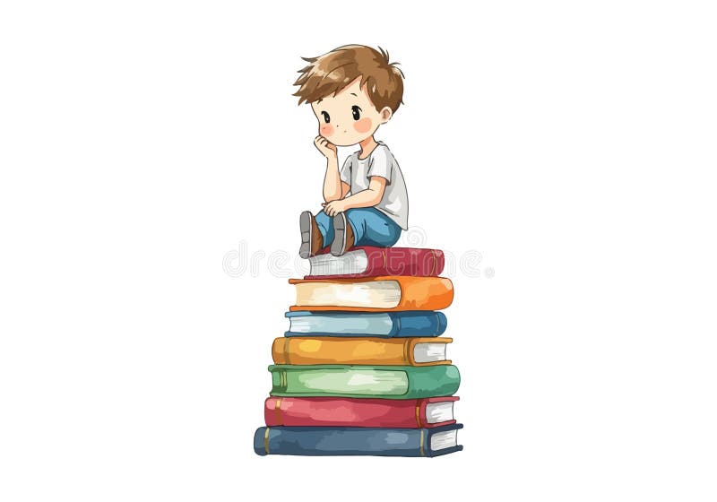 Boy Sitting in a Stack of Books Watercolor Vector Illustration. Stock ...