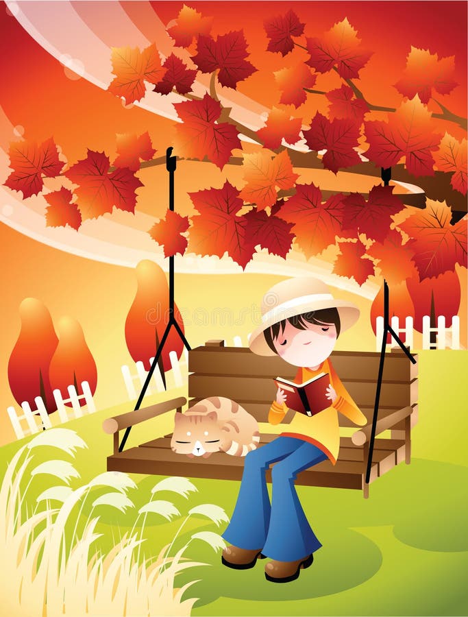 Boy Sitting on a Swing while Reading a Book. Vector Illustration ...