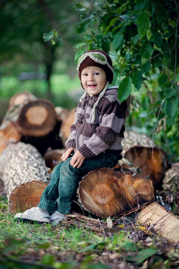 Boy, Sitting on a Tree Trunks Stock Image - Image of male, stump: 36983603