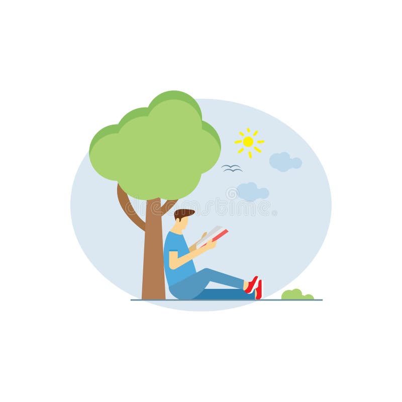 A Boy Sitting Under a Tree and Reading a Book Stock Vector ...