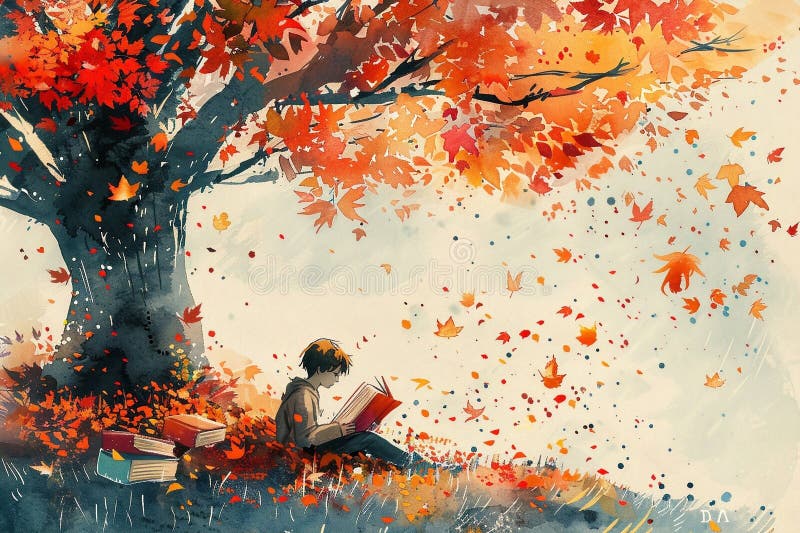 The Boy is Sitting Under the Tree and Reading a Book Stock Illustration ...