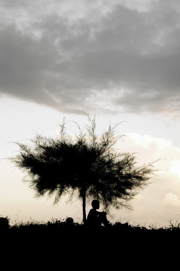 The Boy Sitting at Under the Tree Stock Photo - Image of sitting, alone ...