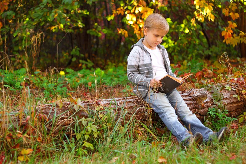 Boy Sitting in the Woods on a Log Stock Image - Image of forest, tshirt ...