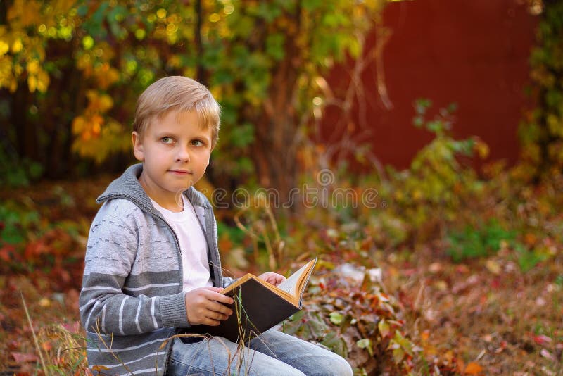 Boy Sitting in the Woods on a Log Stock Photo - Image of tree, grass ...