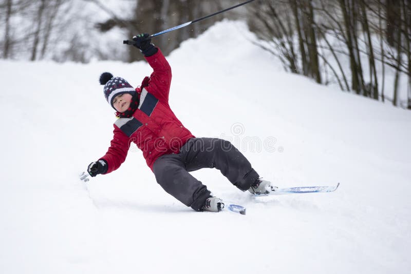 Happy Boy Under Falling Snow Stock Photo - Image of little, slope ...