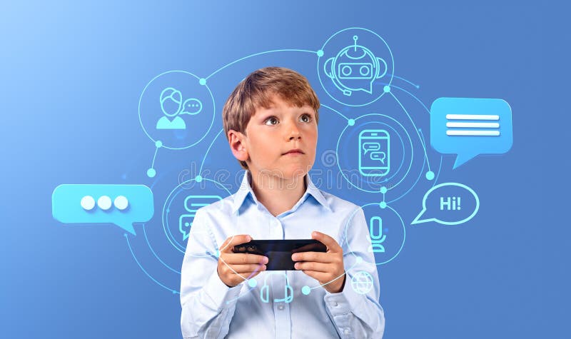 Boy with Smartphone, AI Interface Stock Image - Image of social ...