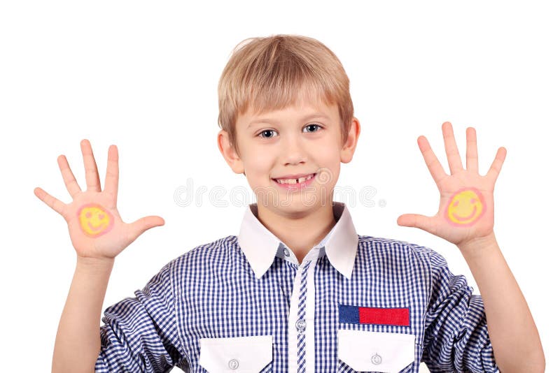 Boy with smiley on hand stock image. Image of youth, schoolboy - 28792105