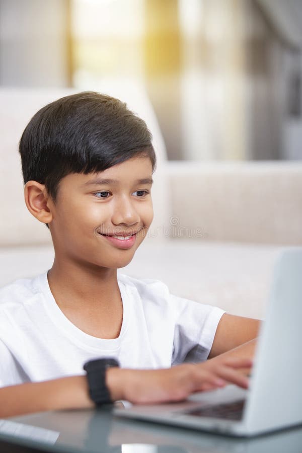 Boy Smiling at His Laptop Screen Stock Image - Image of cushion ...