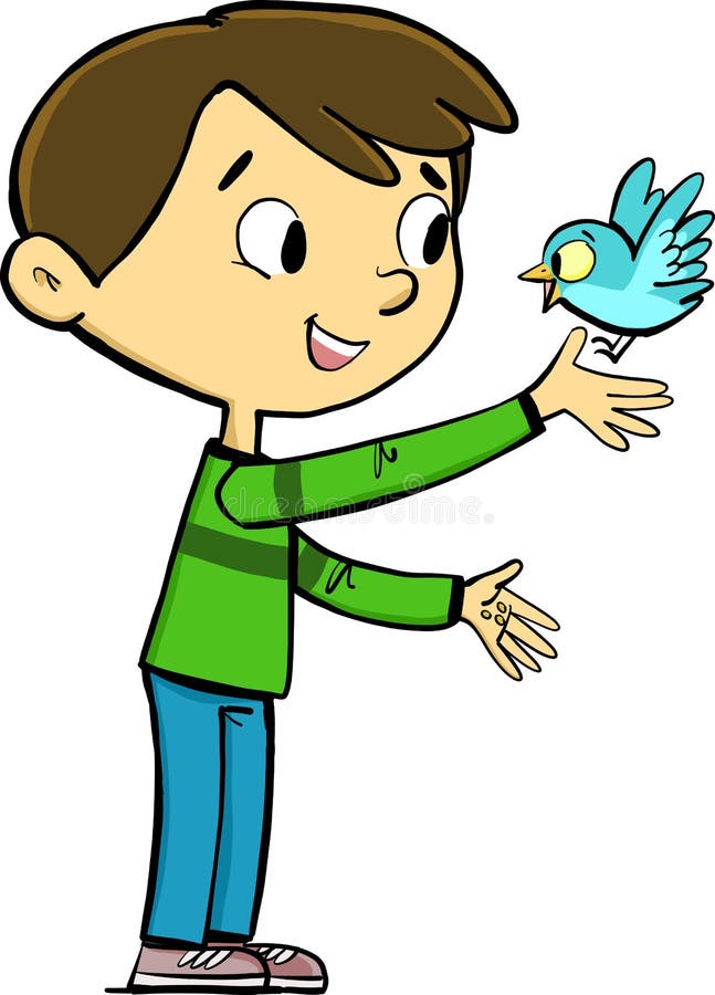 Boy Happily Feeds the Blue Bird Stock Vector - Illustration of child ...
