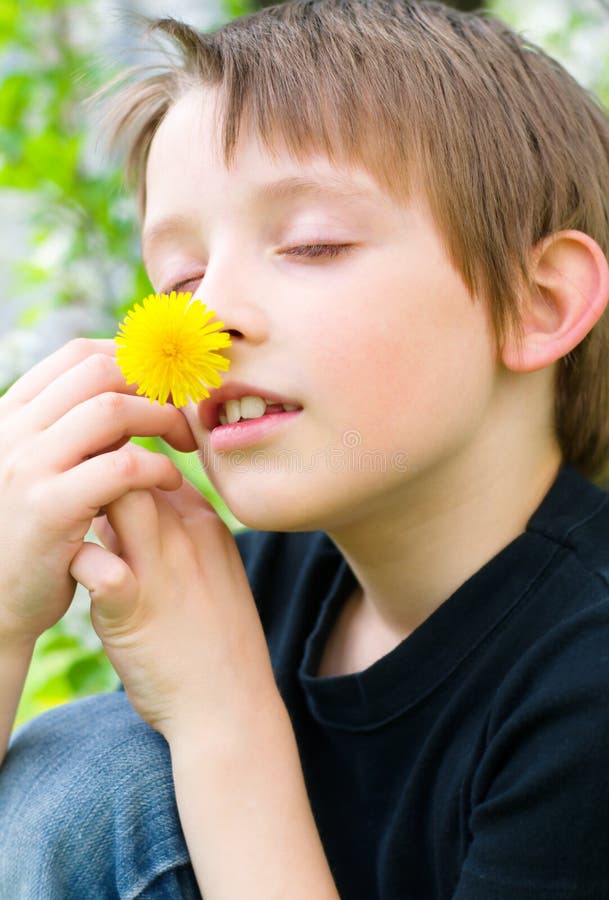 Boy sniffing yellow flower stock image. Image of beautiful - 31285197