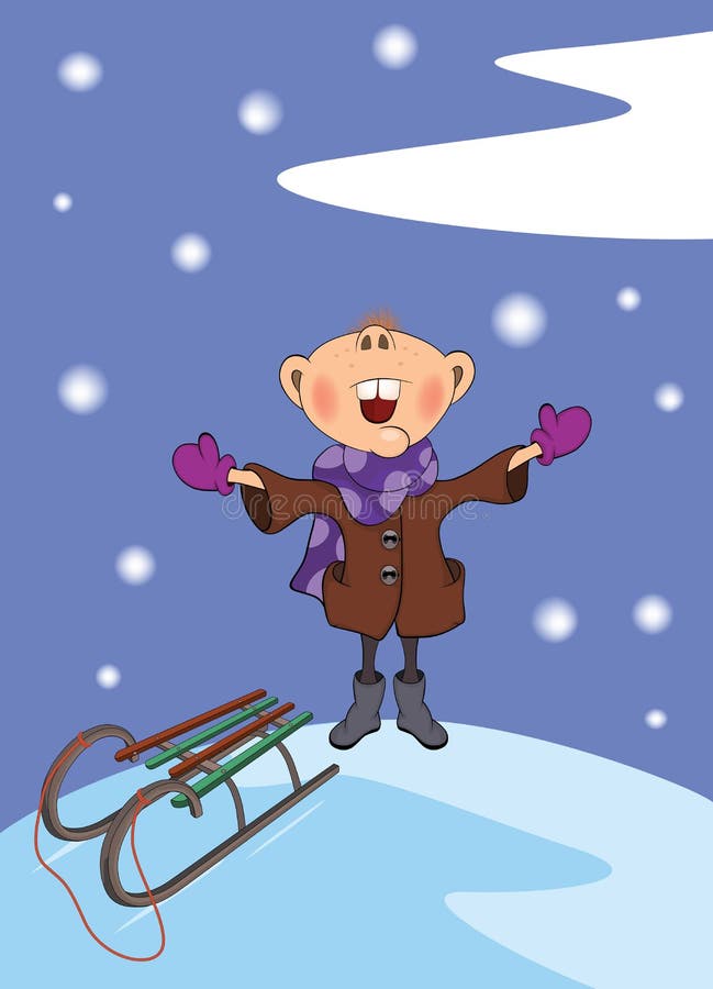The Boy and a Snowfall. Cartoon Stock Vector - Illustration of sledge ...