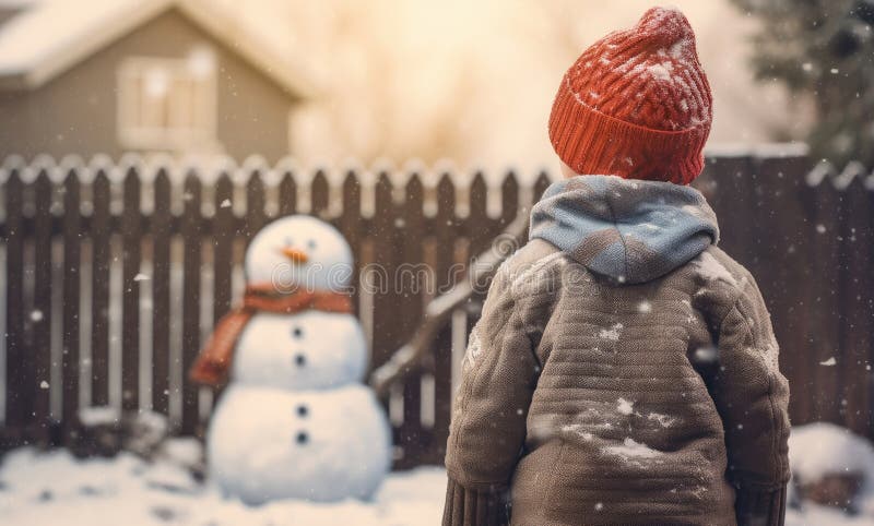Boy and Snowman in the Yard Stock Illustration - Illustration of snow ...