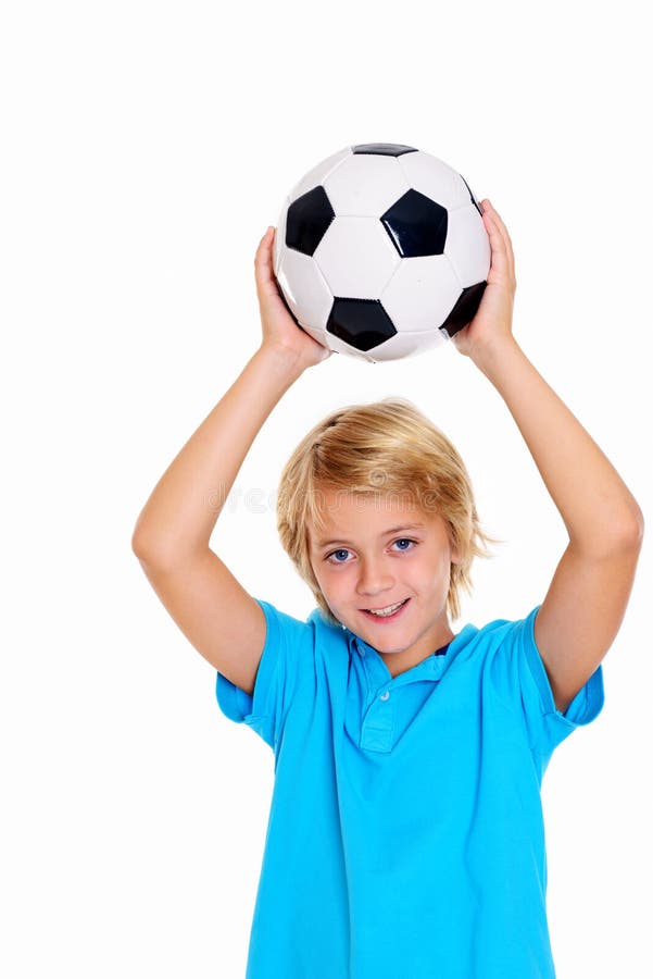 Boy with Soccer Ball and Cup in Front of White Background Stock Photo ...