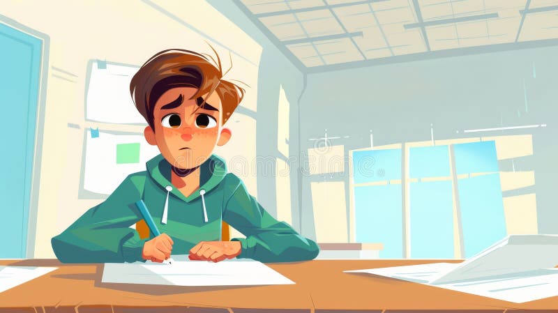 Boy Solves Test Cartoon Banner, Schoolboy Passes Exam Stock Image ...