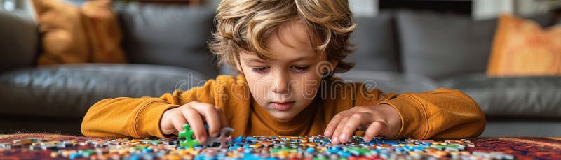 Boy Solving Puzzle Focused Expression Clear Space for Cognitive ...