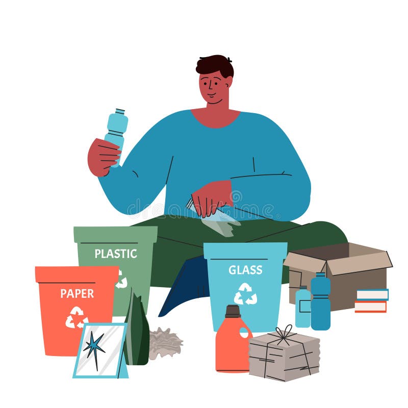 Boy is Sorting Garbage. Sorting Plastic,paper, Glass Stock Illustration ...
