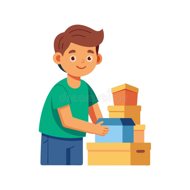 Boy Stacking Boxes, Moving and Organizing Storage, Flat Cartoon ...