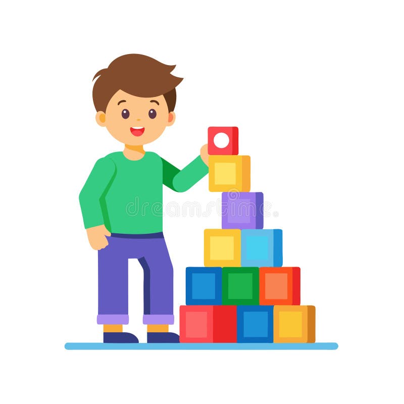 Boy Stacking Colorful Toy Blocks in a Pyramid Shape on a White Background Stock Vector ...