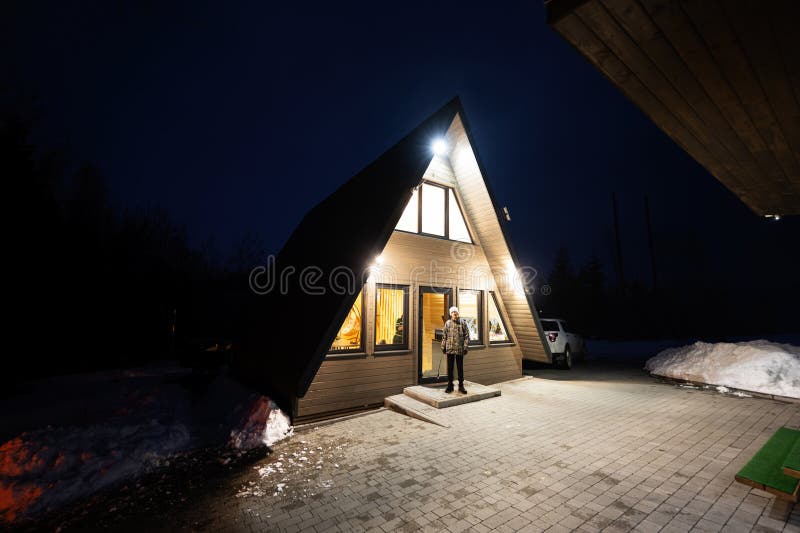 Boy Stand Against Triangle Country House at Night Stock Photo - Image ...