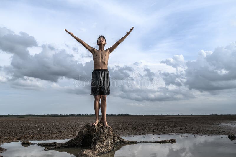 The Boy Stand Raised His Hands Stock Image - Image of nature, evening ...