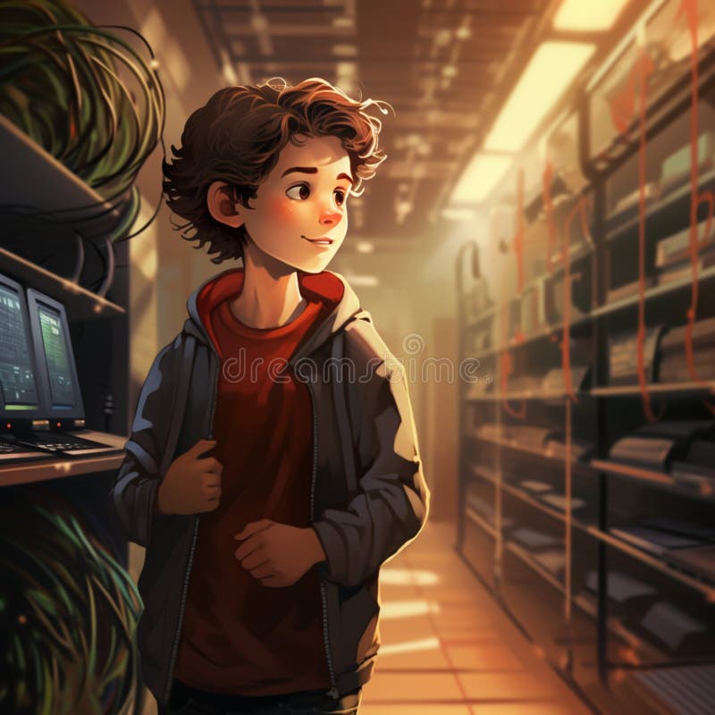 A Boy is Stand in Server Room Stock Illustration - Illustration of ...