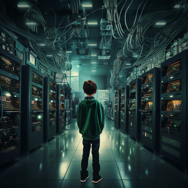 A Boy is Stand in Server Room Stock Illustration - Illustration of ...