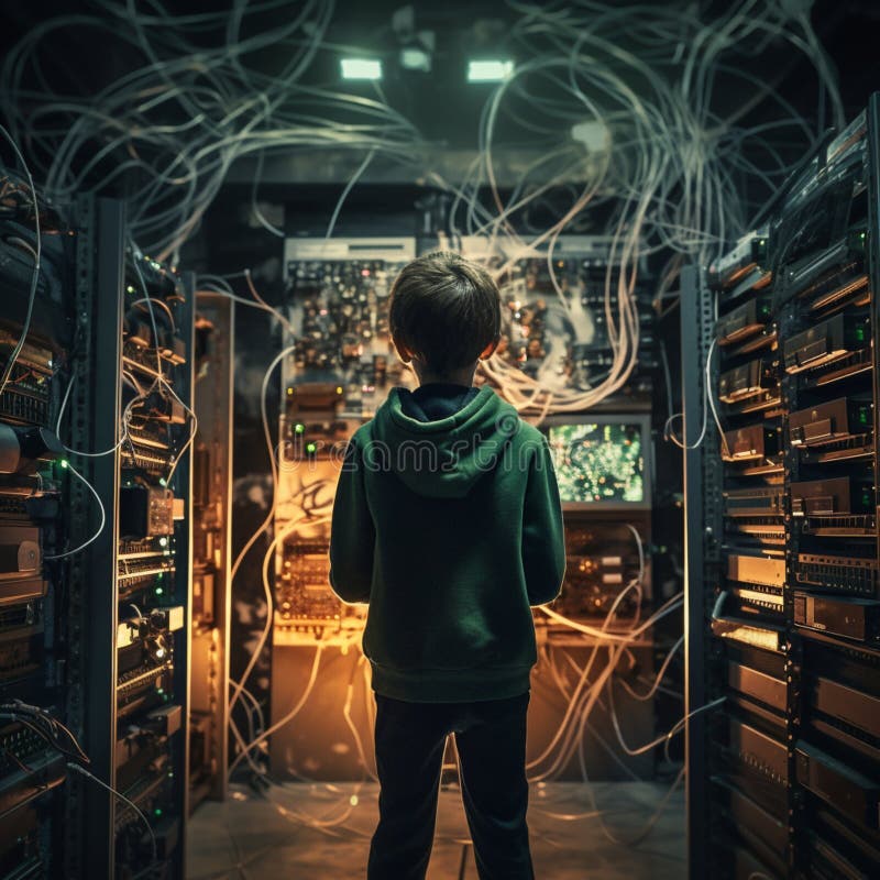 A Boy is Stand in Server Room Stock Illustration - Illustration of ...