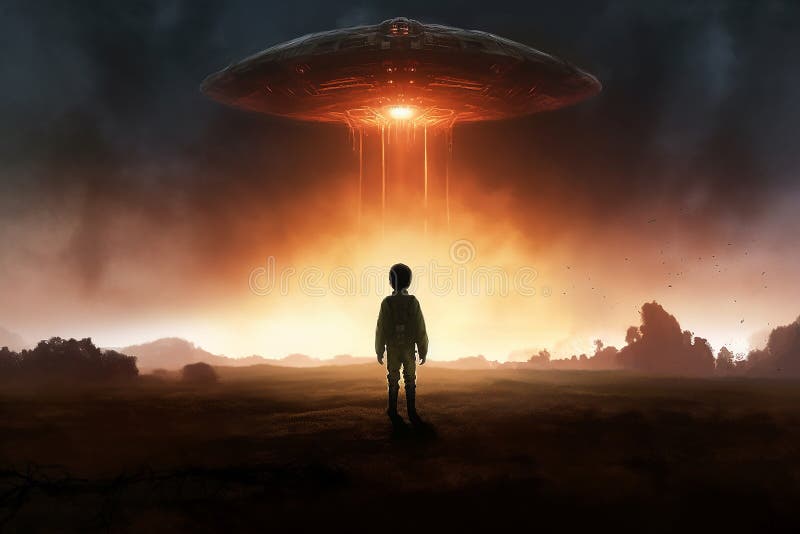 Boy Standing Against Alien Spaceship in the Evening Time. Generative AI ...
