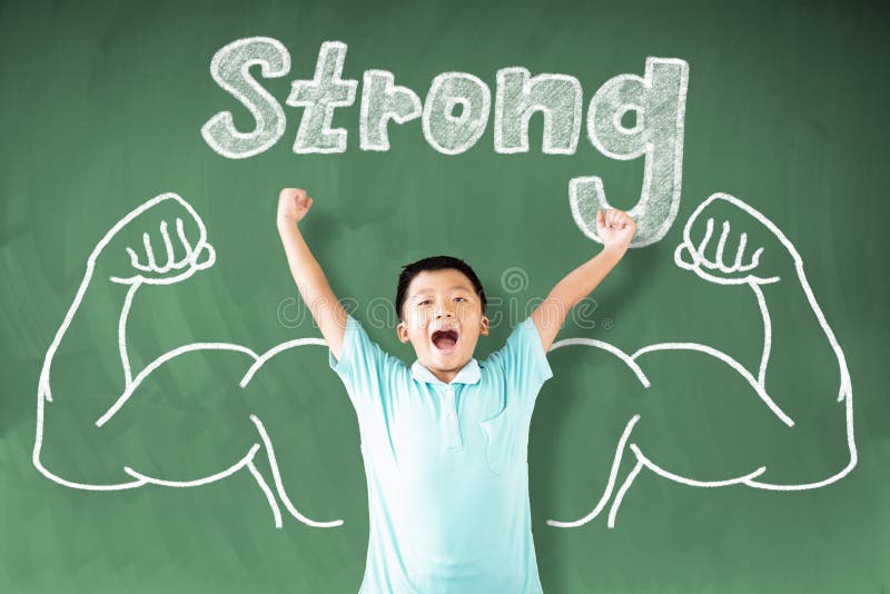 Boy Standing Against Chalkboard and Strong Winner Concept Stock Image ...