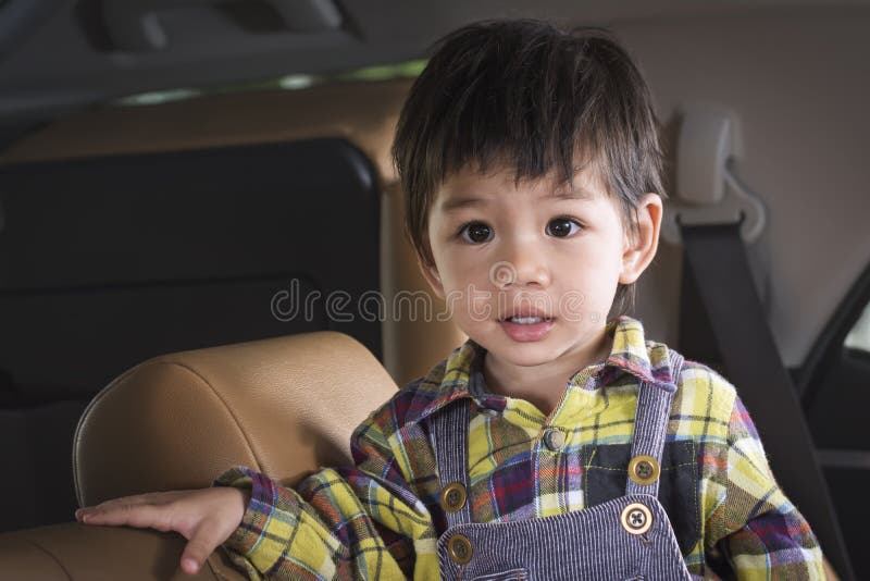 Boy Standing on the Back Seat of a Car. with Gesture Stock Image ...
