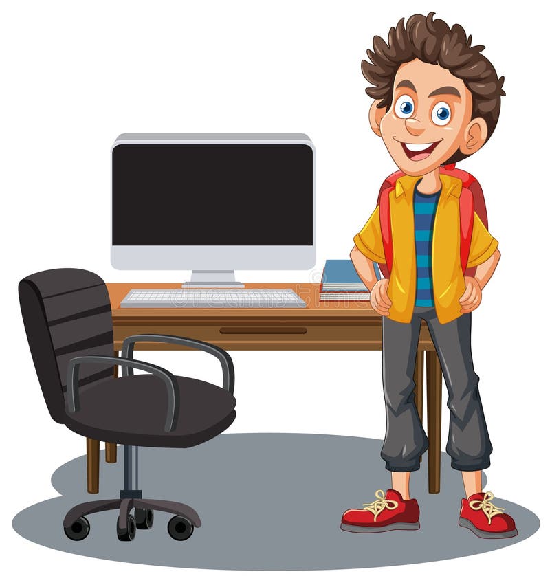 A Boy Standing by a Computer Desk Stock Vector - Illustration of wooden ...