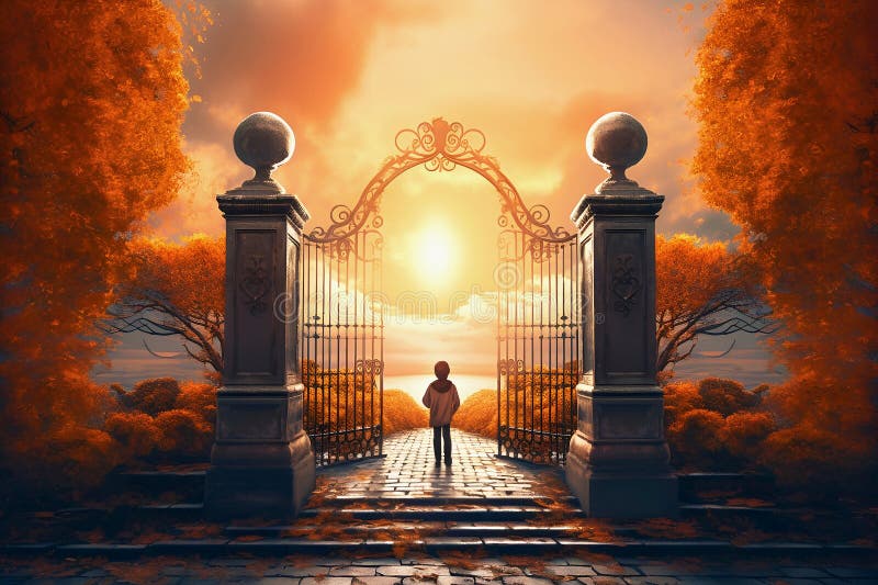 Boy is Standing in Front of an Open Gate Stock Illustration ...