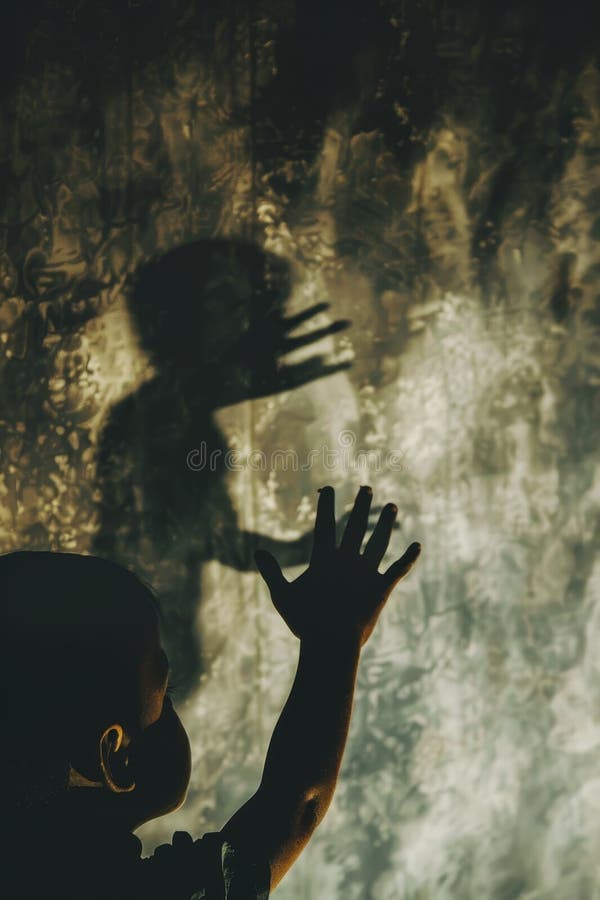 A Boy Standing in Front of a Wall with His Hand Raised, Casting a ...