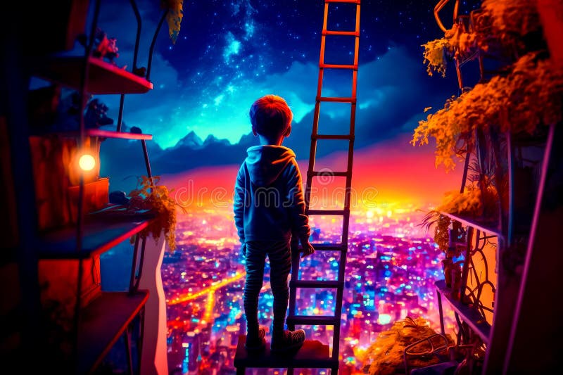 Boy Standing on Ladder Looking at City at Night with the Moon in the ...