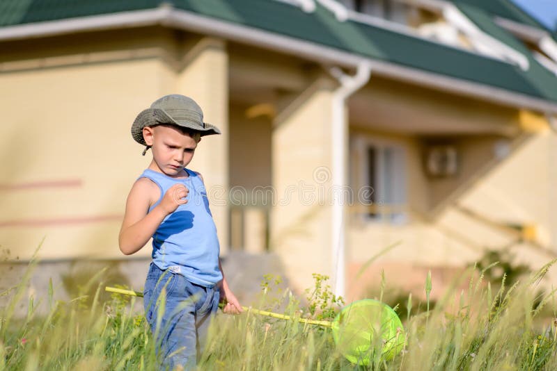 Boy Standing on Lawn in Long Grass with Bug Net Stock Photo - Image of ...