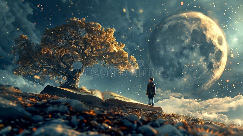 Boy Standing on Open Book Under Moon Stock Illustration - Illustration ...