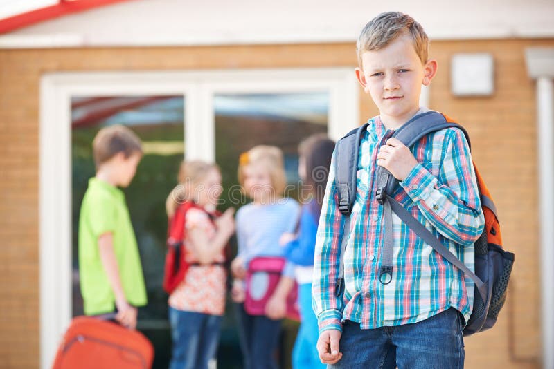Boy Standing Outside School with Rucksack Stock Photo - Image of five ...